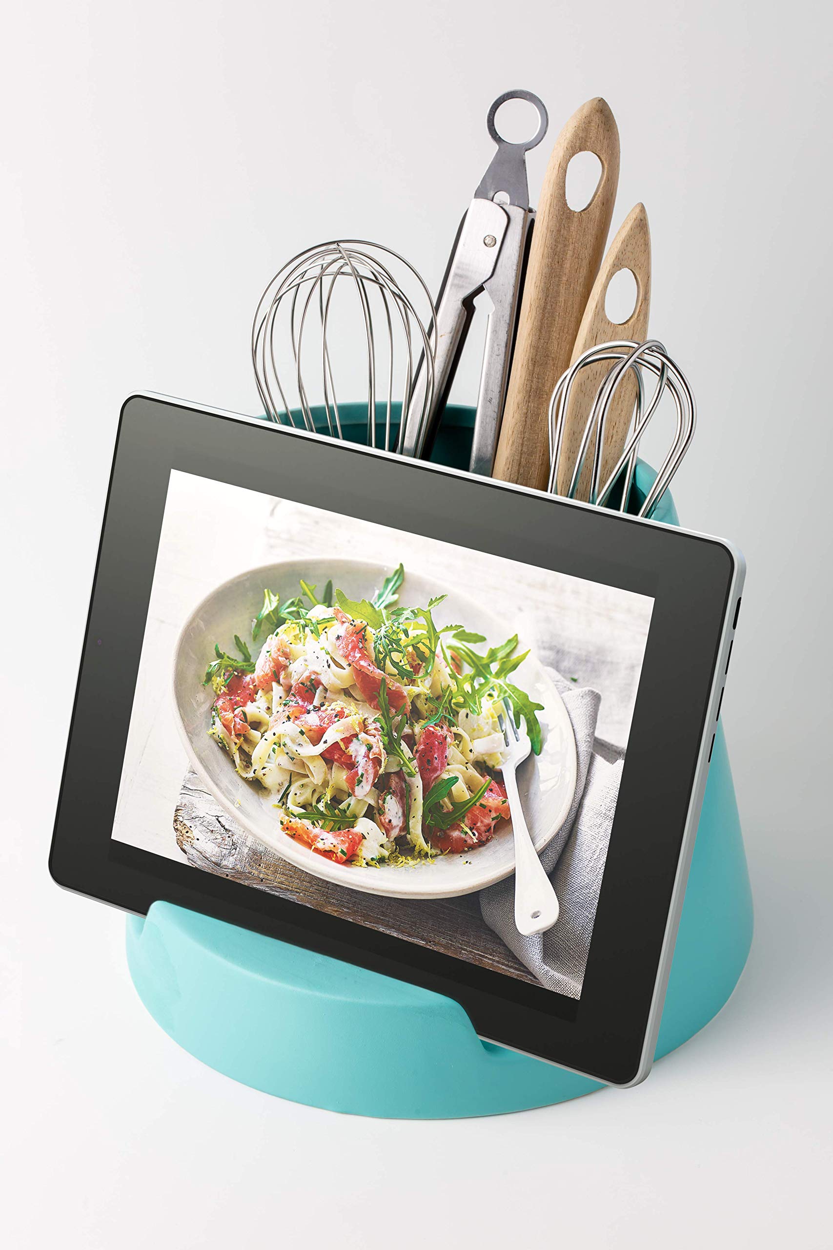 Ceramic Utensil Holder & Tablet Stand - Modern White Crock w/Tablet Holder - Utensil Caddy for Contemporary Cooking Enthuziasts - iPad or Recipe Book Holder - Decorative Cookbook Stand - 7.11" x 8.5"