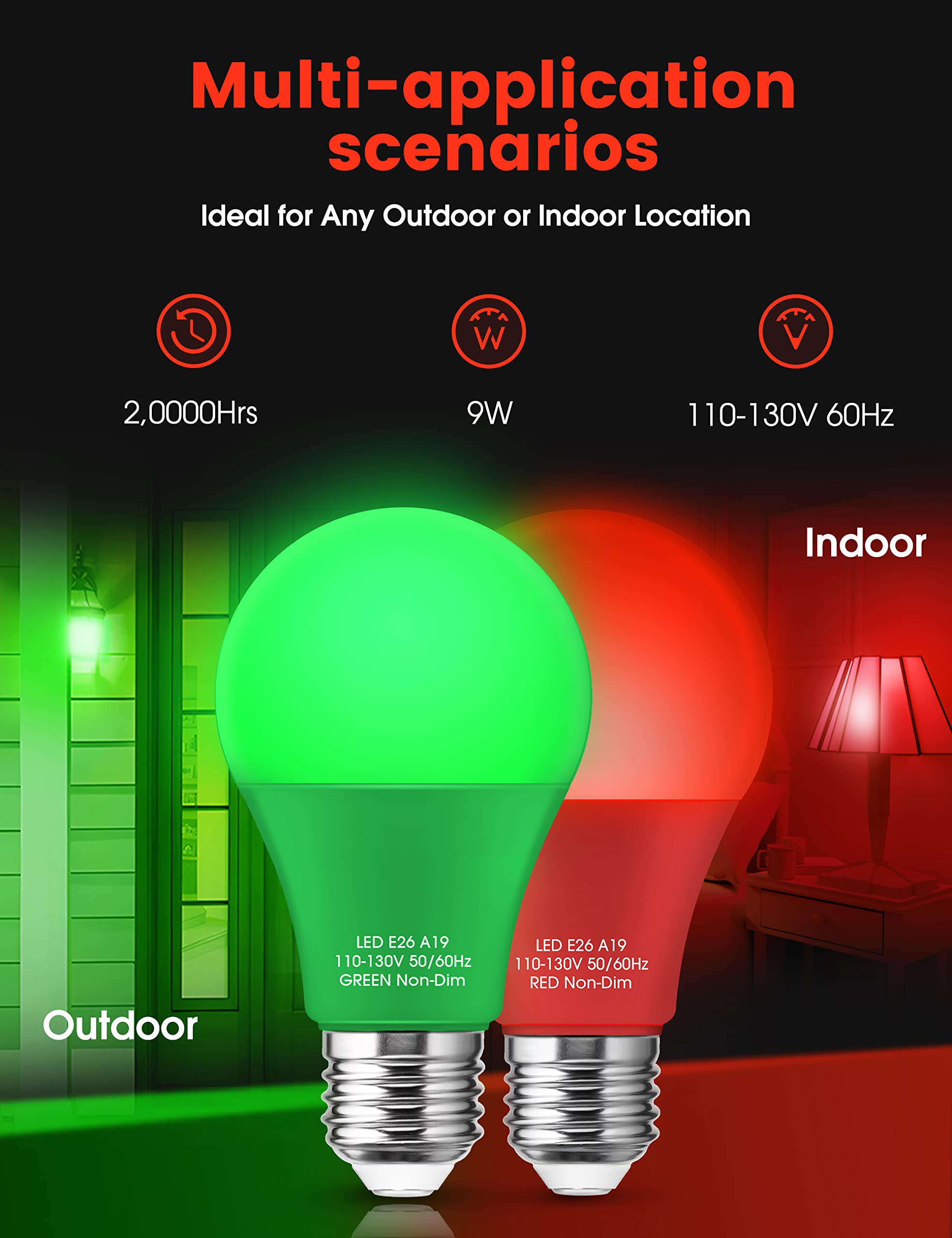 Red and Green Light Bulbs 【4 Pack 】, A19 LED Christmas Light Bulbs, 9W E26 Red Light Bulbs Green Light Bulbs 720LM Red Bulbs Green Bulb Outdoor for Halloween Christmas Lighting, Porch, Non-Dimmable