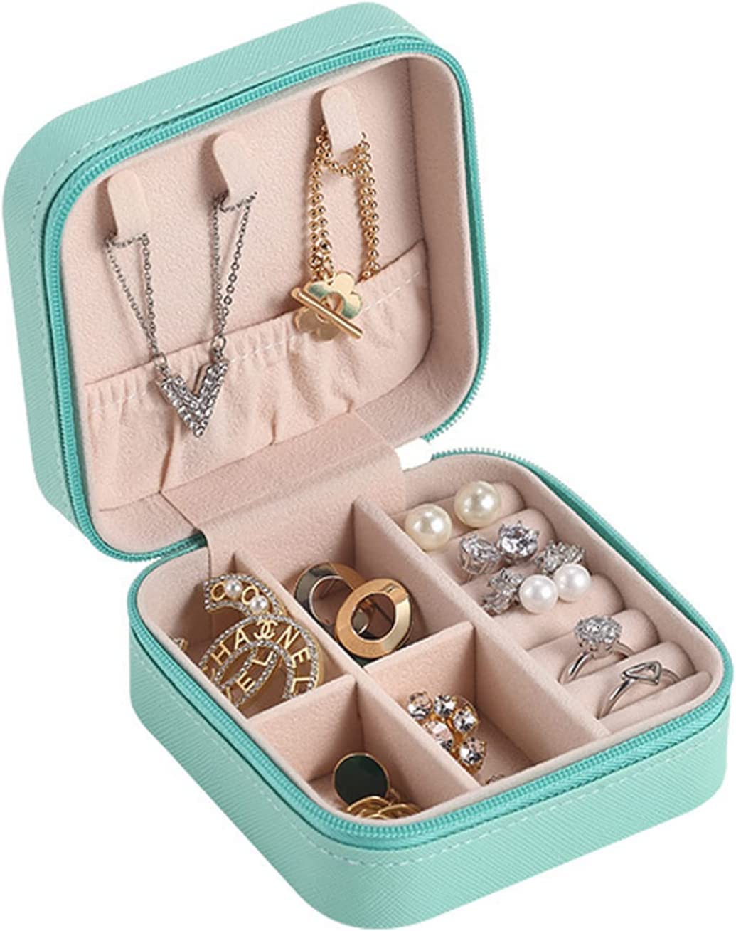 SpecialOnly Personalized Name Jewelry Boxes for Girls & Women, Custom Travel Jewelry Case with Lid, Portable Small Jewelry Organizer Box Bridesmaid Proposal Gifts (Blue, Monogram with Birth Flower)