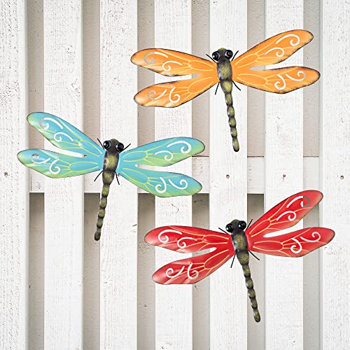 MEETYAMOR Dragonfly Outdoor Wall Decor, 3 Pack 15"x10" Metal Small Colorful Mexican Hanging Wings Accent Wall Art Gifts, Garden Fence Home Living Room Patio Yard Decoration for Outside