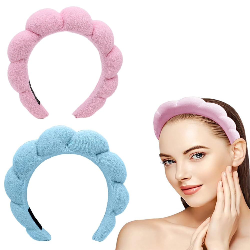 LUKPOW 2 Pack of Towels Cloth Headband Face Wash Headband Skincare Headband Spa Headband for Washing or Facial Fluffy Makeup Headband for Face Wash Skincare Remover Mask Hair Accessories（Pink Blue