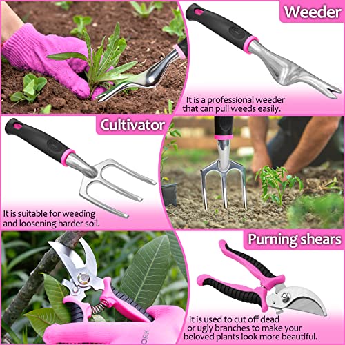 Garden Tool Set,10 Piece Pink Gardening Gifts for Women,with 2 in 1 Detachable Storage Bag, Trowel, Transplanter, Rake, Weeder, Cultivator, Purning Shears and 3 Additional Protection Tools(LANNIU)