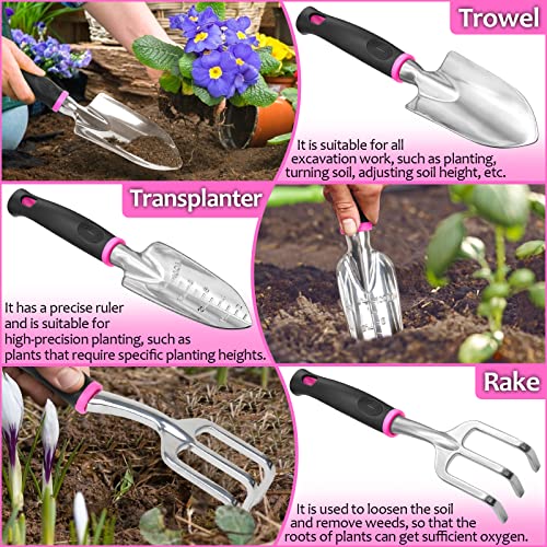 Garden Tool Set,10 Piece Pink Gardening Gifts for Women,with 2 in 1 Detachable Storage Bag, Trowel, Transplanter, Rake, Weeder, Cultivator, Purning Shears and 3 Additional Protection Tools(LANNIU)