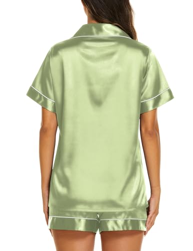 Ekouaer Womens Satin Silk Pajamas Set Short Sleeve Button Down Top and Shorts Sleepwear 2 Piece Pjs Set,Aqua Green,Small