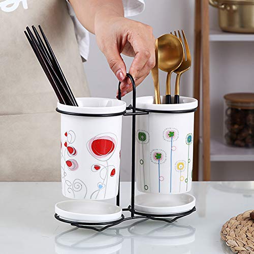 Kelendle Ceramic Caddy Cutlery Holder with Metal Base Utensil Organizer Flatware Organizer for Kitchen Countertop Table Cabinet Pantry, White
