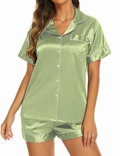 Ekouaer Womens Satin Silk Pajamas Set Short Sleeve Button Down Top and Shorts Sleepwear 2 Piece Pjs Set,Aqua Green,Small