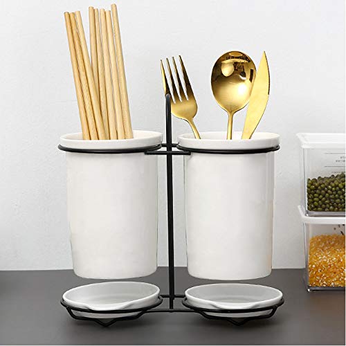 Kelendle Ceramic Caddy Cutlery Holder with Metal Base Utensil Organizer Flatware Organizer for Kitchen Countertop Table Cabinet Pantry, White