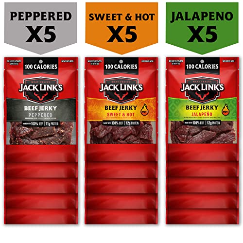 Jack Link’s Beef Jerky Bold Variety Pack – Includes Sweet & Hot, Jalapeno and Peppered Beef Jerky, Great Lunch Box Snack, Good Source of Protein – Pack of 15, 1.25 Oz Bags