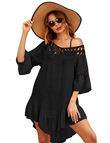 Ekouaer Swimwear Coverups for Women Cute Pleated Beach Wear Dress Womens Crochet V Neck Bikini Cover-Ups