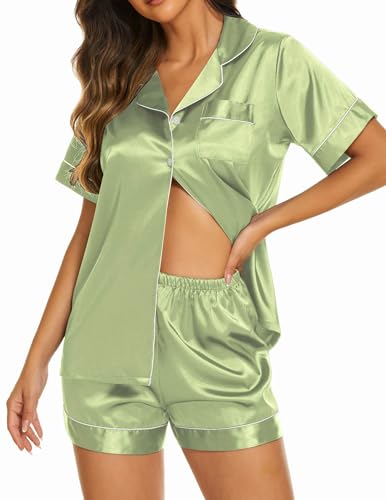 Ekouaer Womens Satin Silk Pajamas Set Short Sleeve Button Down Top and Shorts Sleepwear 2 Piece Pjs Set,Aqua Green,Small
