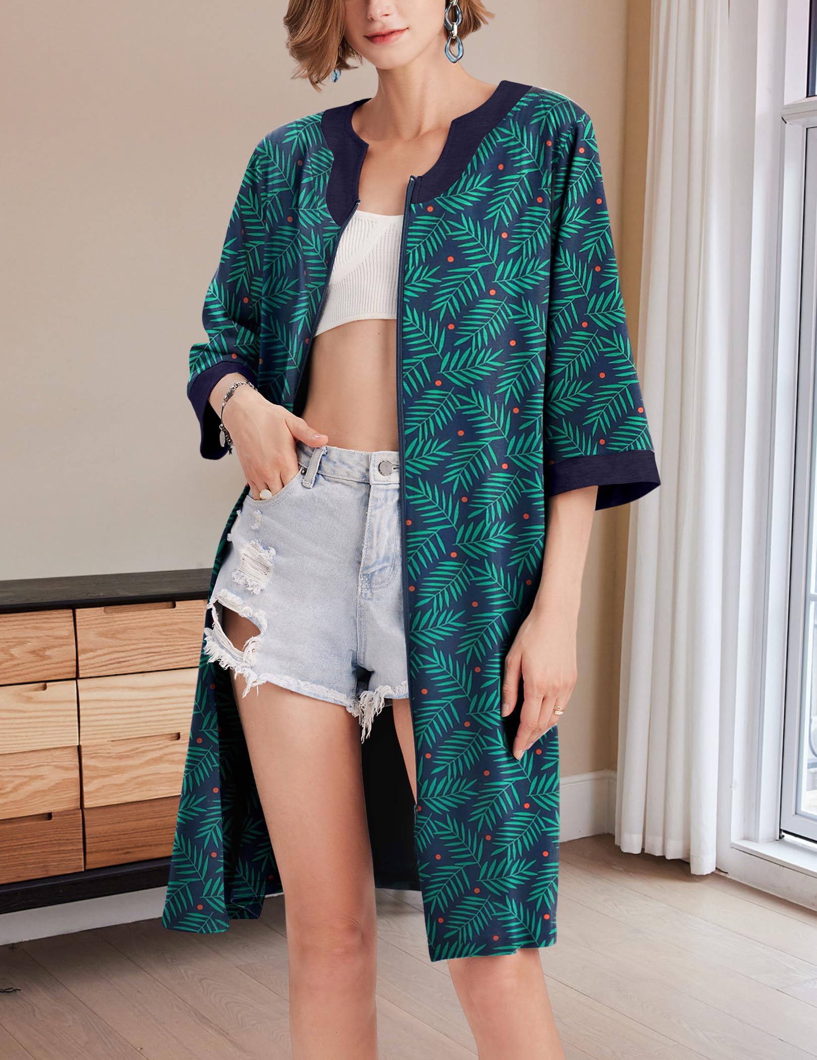Ekouaer Women Zipper Robe 3/4 Sleeve Nightgowns Lightweight Short Bathrobe with Pockets Leaf Print,L