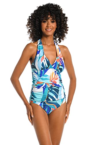 La Blanca Women's Halter Tankini Swimsuit Top, Ice Blue//Coastal Palms, 10