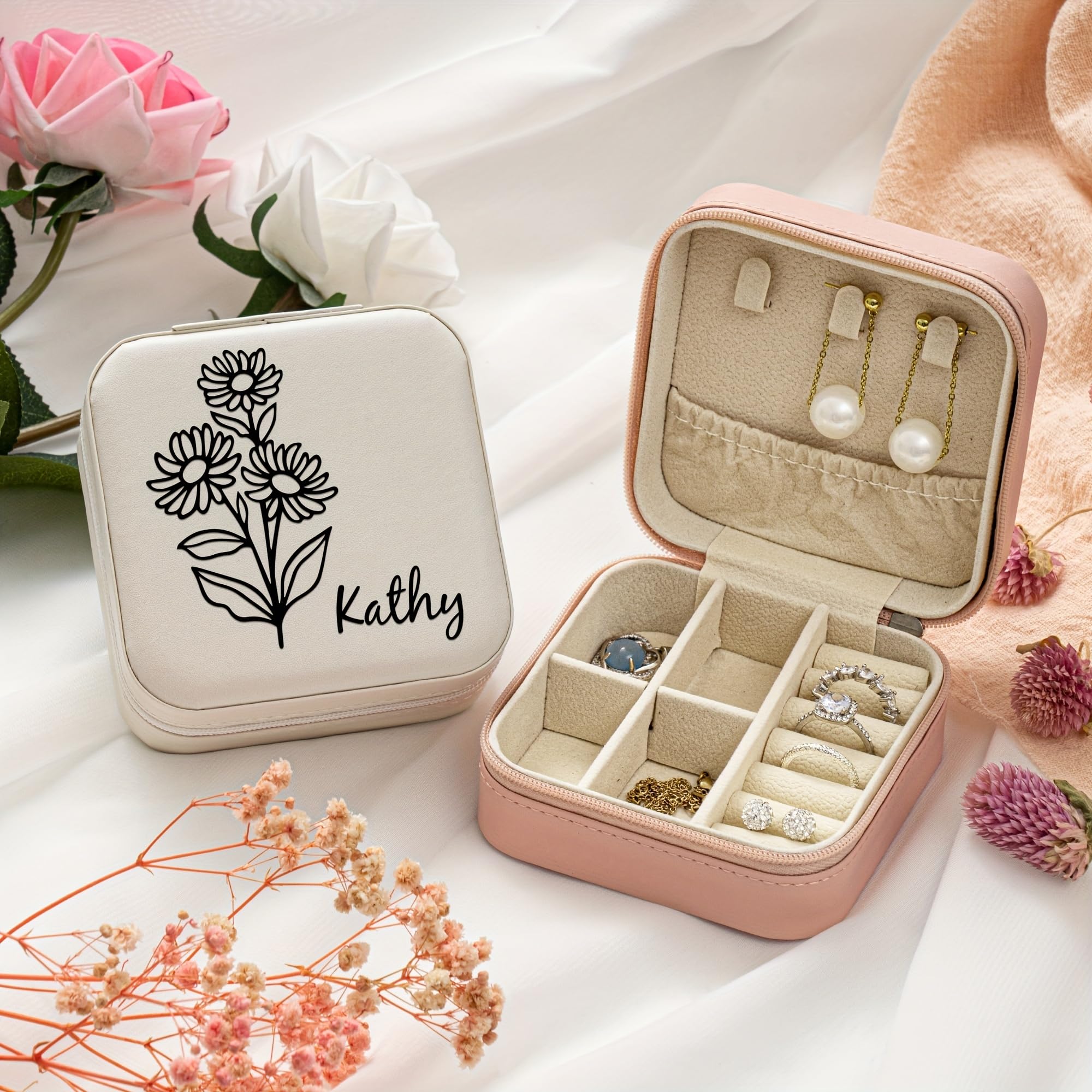 Custom Birthday Flower Jewelry Storage Box, Birth Month Flower Gift Box, Birthday Gift For Women, Leather Jewelry Storage Box Display Box