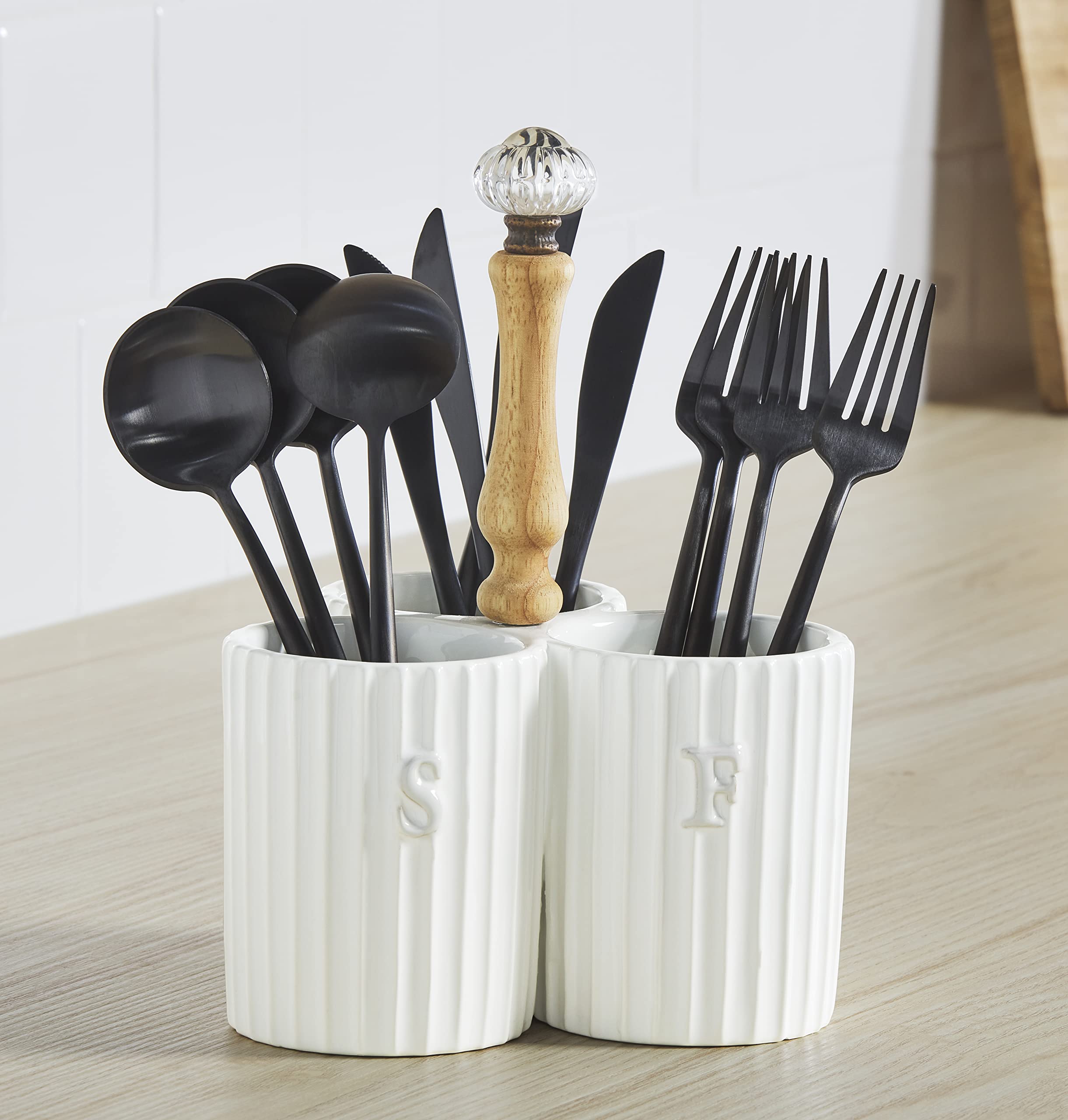 Mud Pie Ceramic Knob Utensil Holder, White, 10" x 7" dia