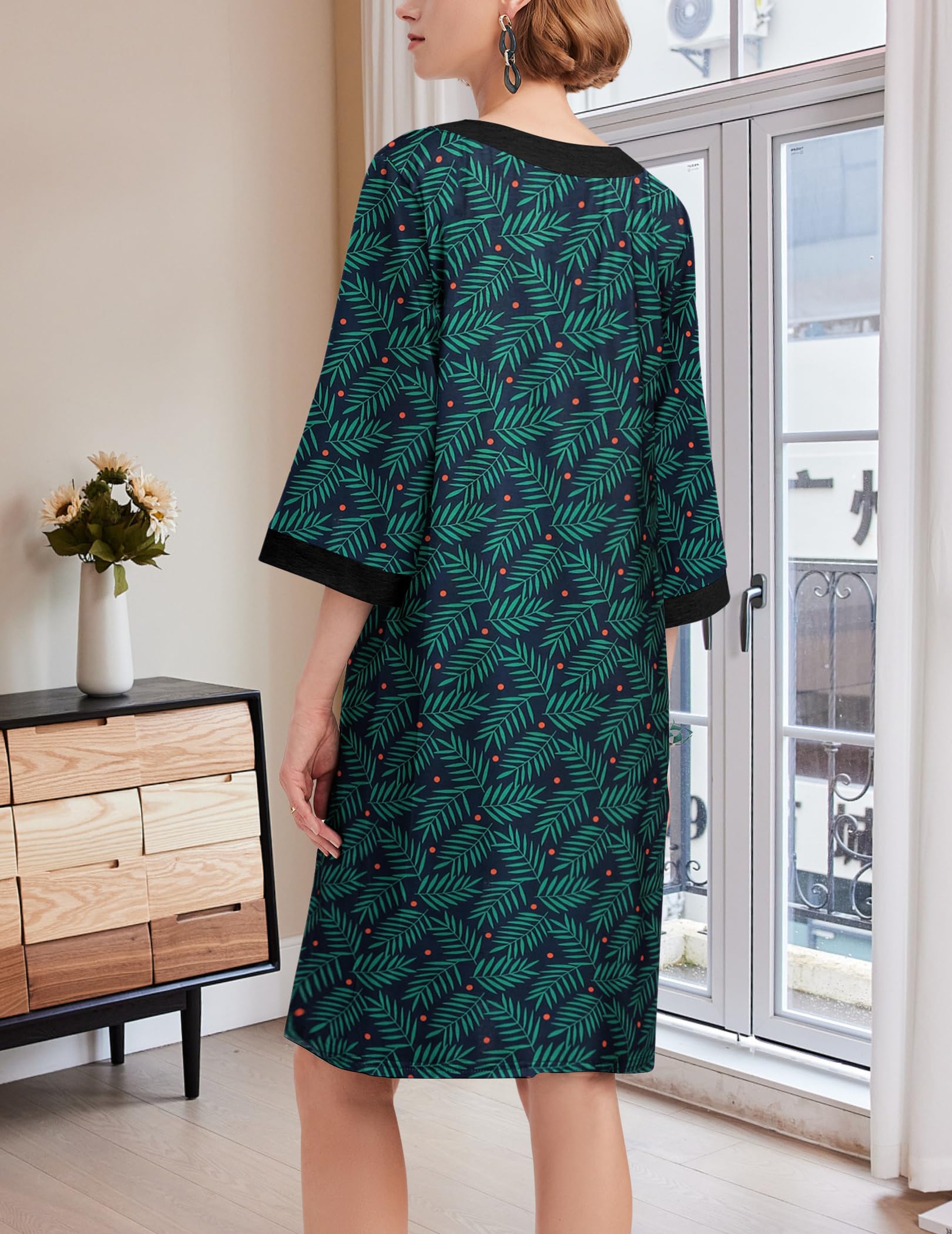 Ekouaer Women Zipper Robe 3/4 Sleeve Nightgowns Lightweight Short Bathrobe with Pockets Leaf Print,L