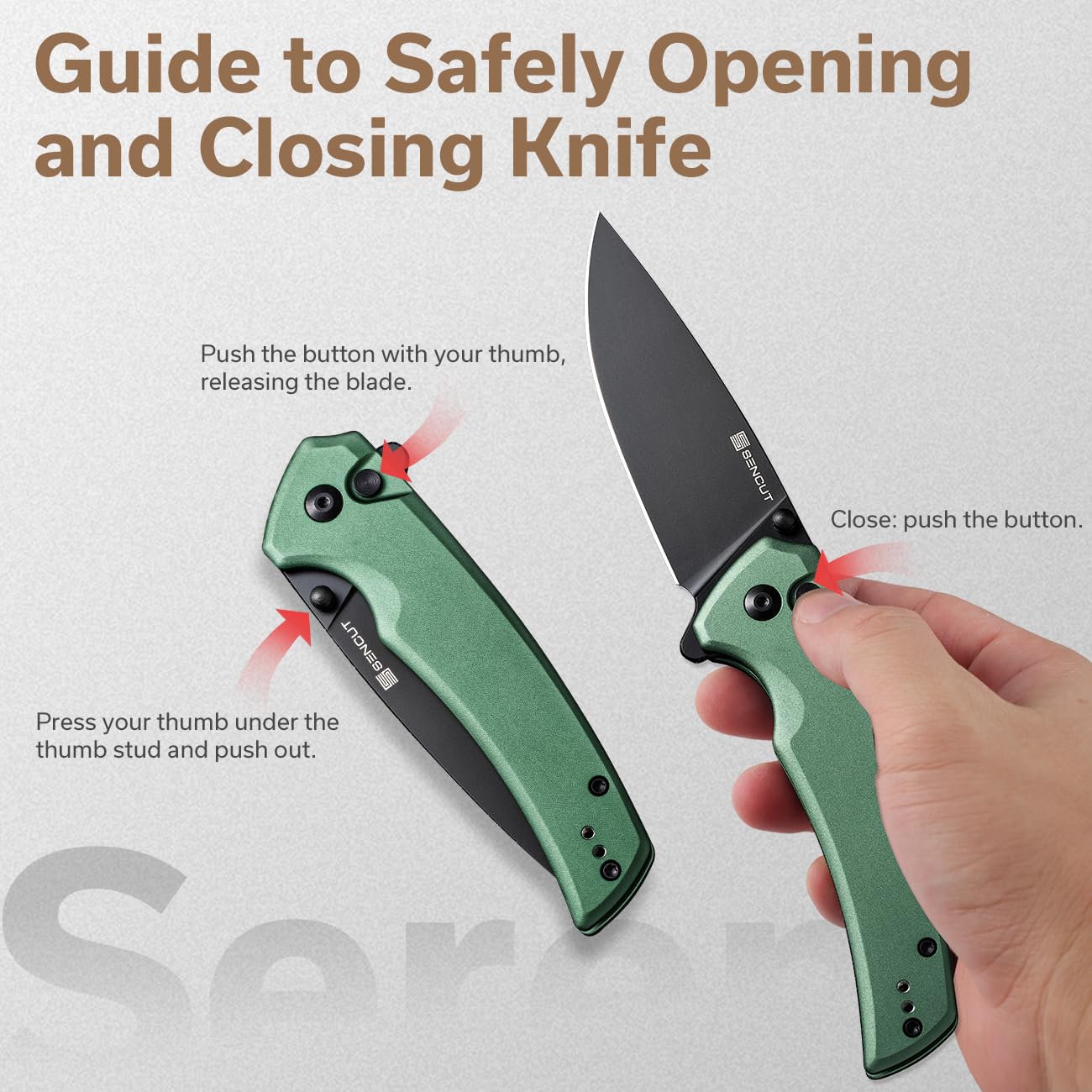 SENCUT Button Lock Pocket Knife for EDC, Serene Folding Knife, Thumb Stud & Flipper Opener, Aluminum Handle with 3.48" D2 Black Blade for Outdoor, Camping, Hunting S21022B-5 (Green)