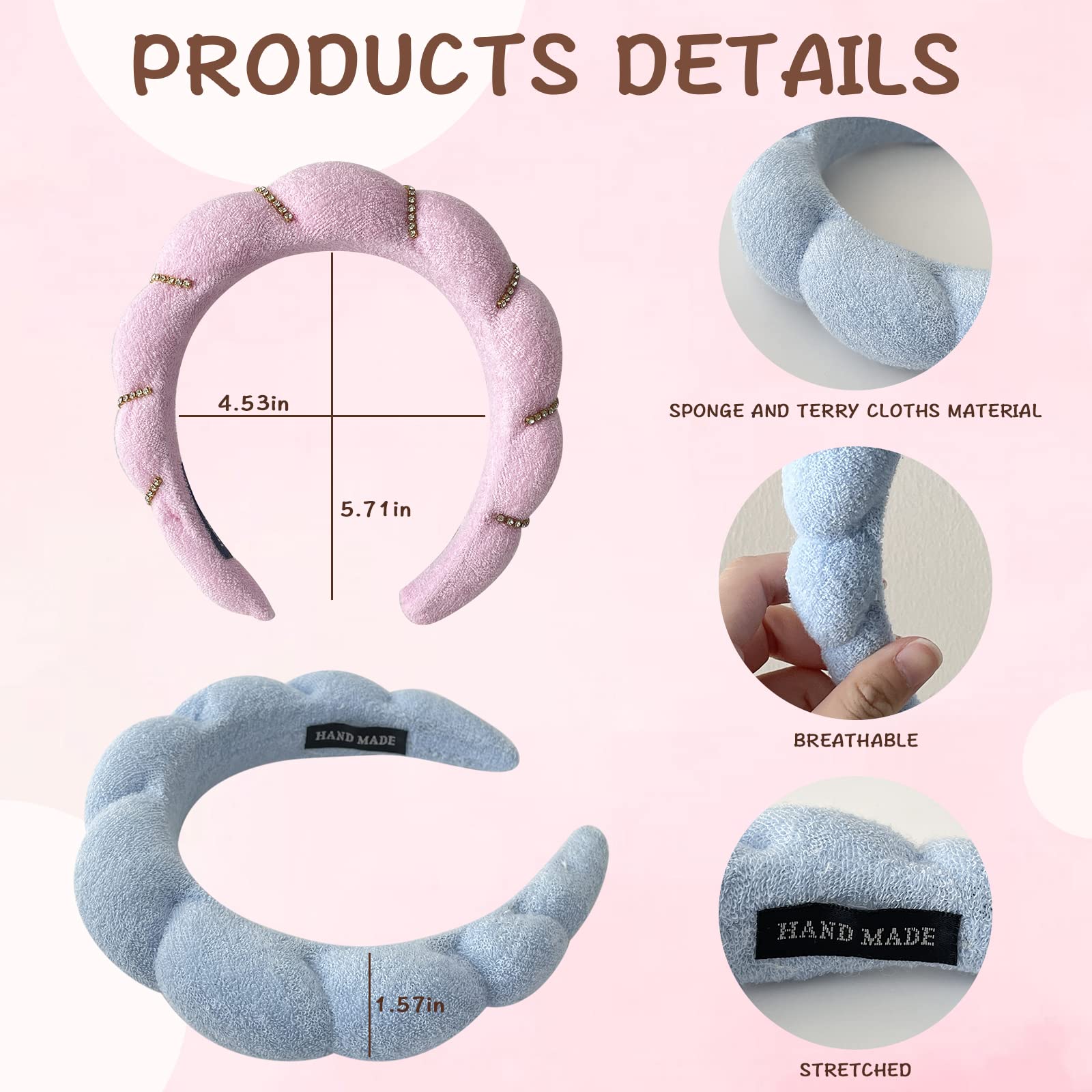 FRDTLUTHW Spa Headband for Washing Face, Terry Towel Cloth Fabric Hair Bands Makeup Head Bands for Women Girls(Pink&Blue, pack of 2)
