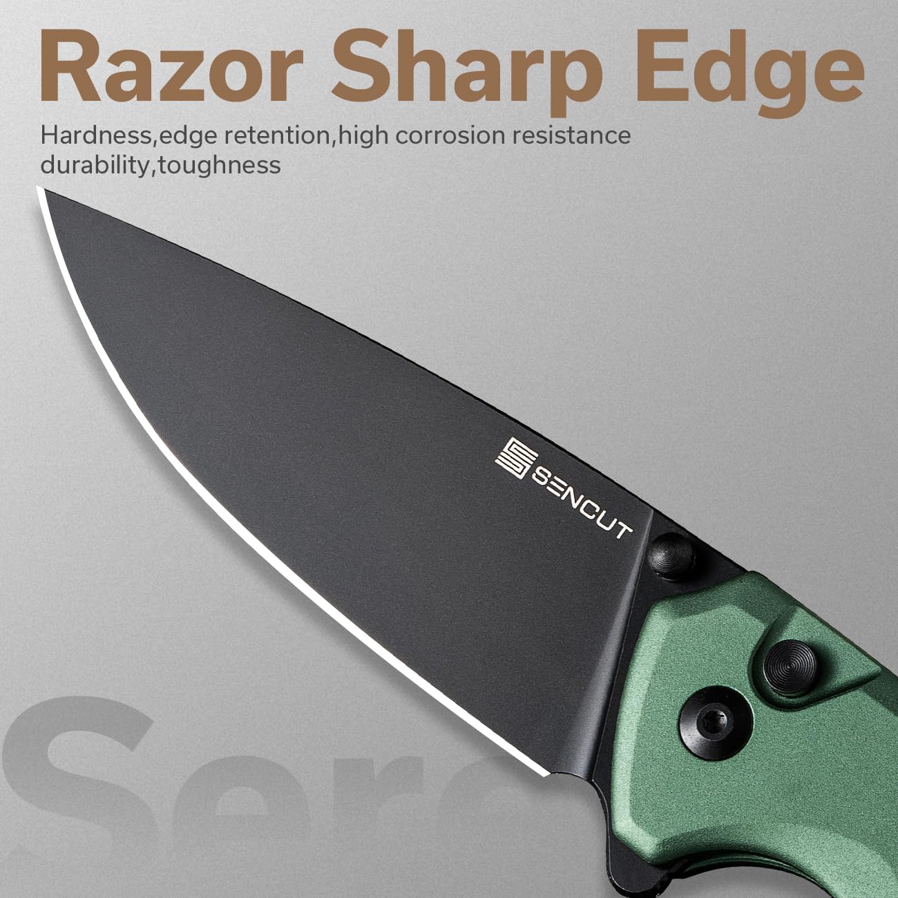 SENCUT Button Lock Pocket Knife for EDC, Serene Folding Knife, Thumb Stud & Flipper Opener, Aluminum Handle with 3.48" D2 Black Blade for Outdoor, Camping, Hunting S21022B-5 (Green)