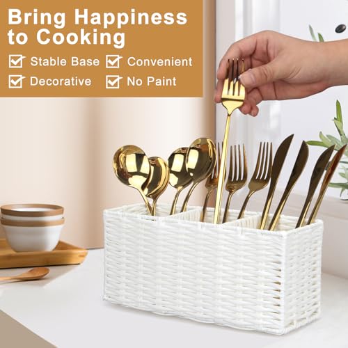 Ayiaren Wicker Silverware Cutlery Holder Flatware Caddy Kitchen Utensils Holder for Countertop Silverware Organizer Storage Containers Spoon Knives Fork Holder White Flatware Silverware Caddies