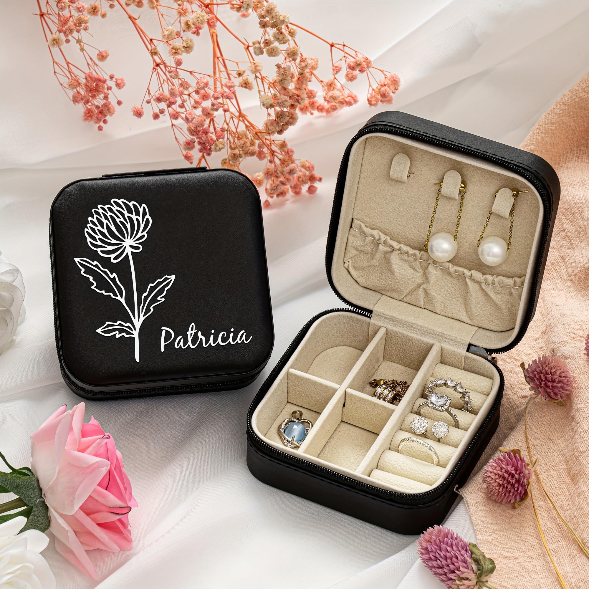 Custom Birthday Flower Jewelry Storage Box, Birth Month Flower Gift Box, Birthday Gift For Women, Leather Jewelry Storage Box Display Box