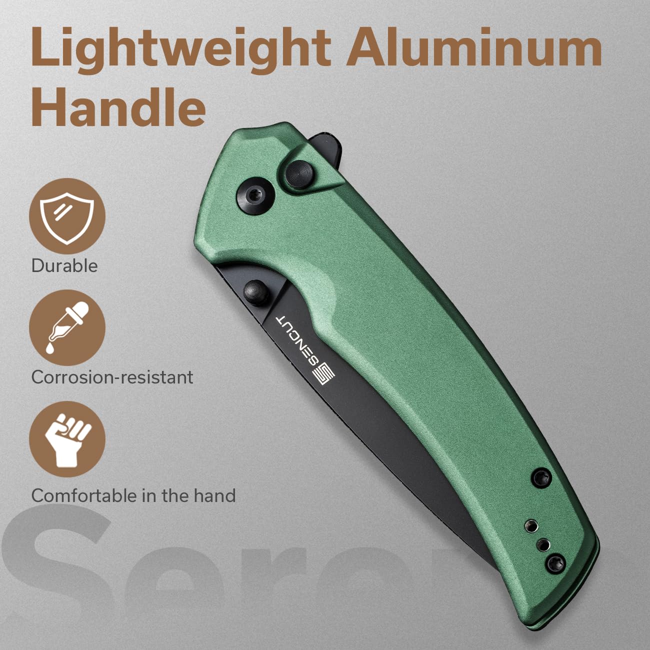 SENCUT Button Lock Pocket Knife for EDC, Serene Folding Knife, Thumb Stud & Flipper Opener, Aluminum Handle with 3.48" D2 Black Blade for Outdoor, Camping, Hunting S21022B-5 (Green)