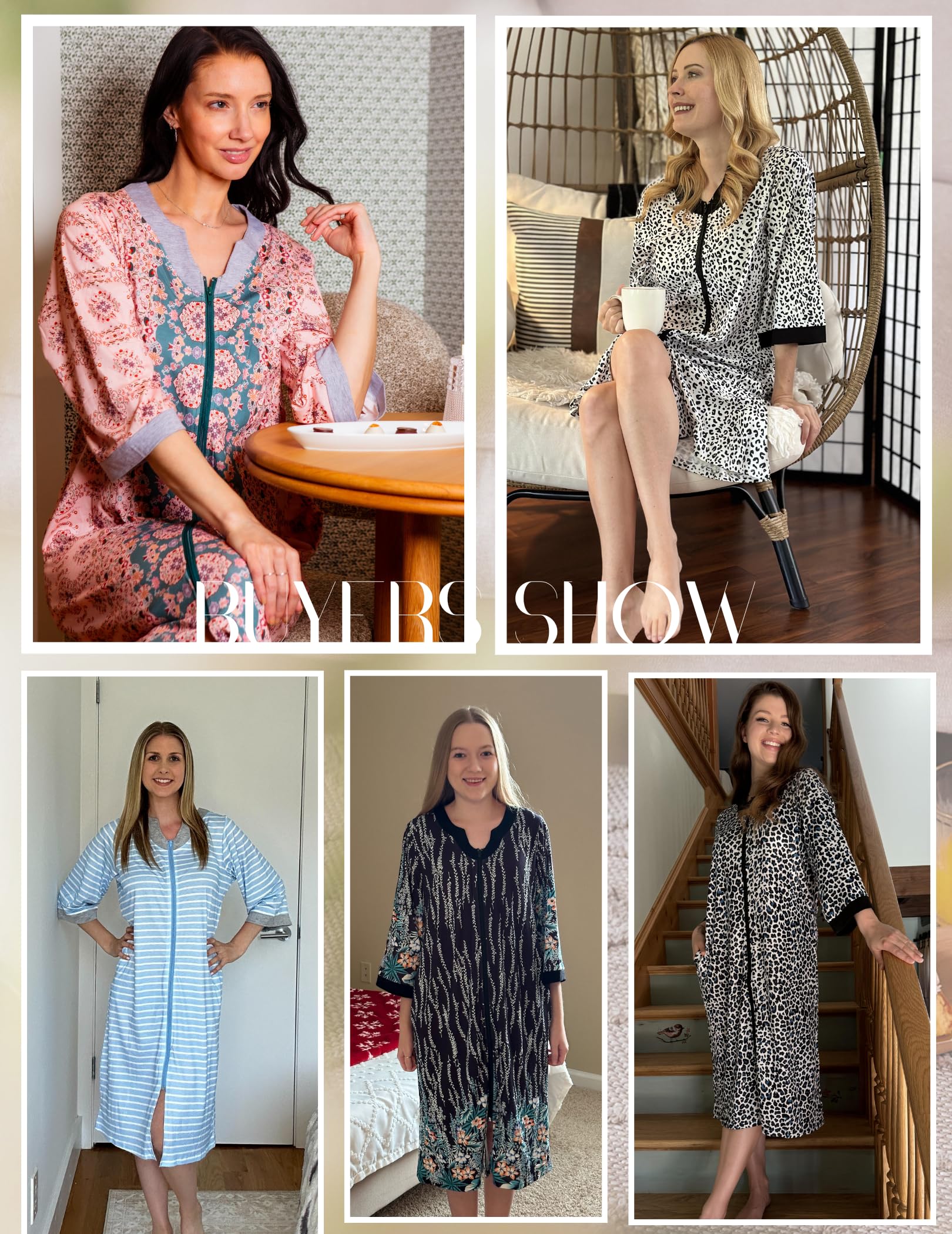 Ekouaer Women Zipper Robe 3/4 Sleeve Nightgowns Lightweight Short Bathrobe with Pockets Leaf Print,L