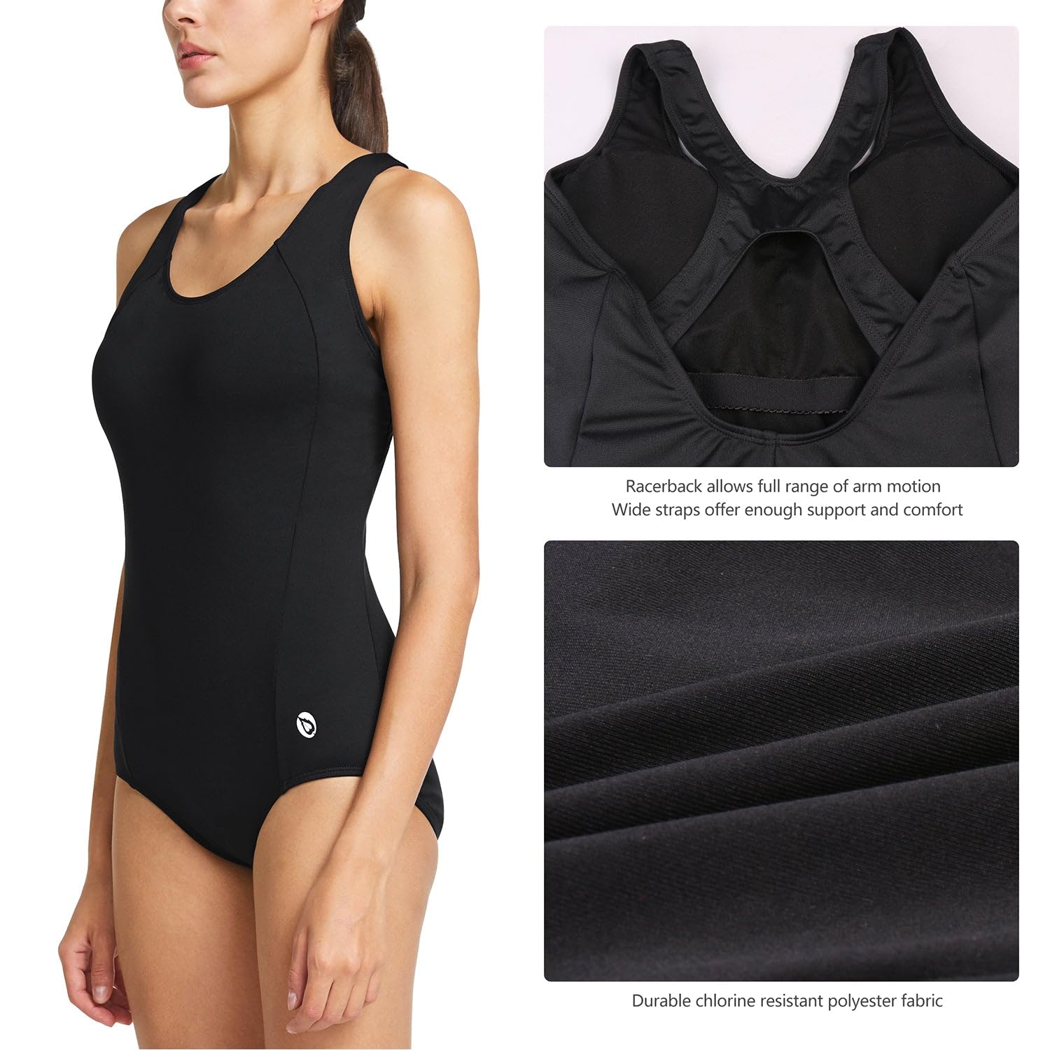 BALEAF Women's Conservative Athletic Racerback One Piece Training Swimsuit Swimwear Bathing Suit Black 34(Small)