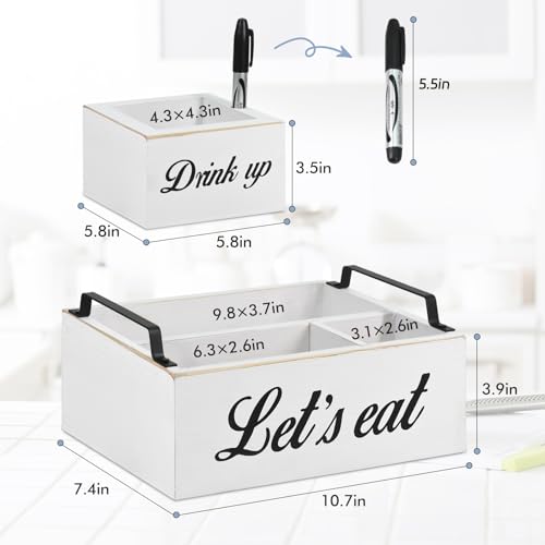 Paper Plate Holders for Kitchen Countertop, Wooden Utensil Caddy with Large Cup Holder, Disposable Paper Plate Organizer Silverware Caddy for Plate, Cup, Fork, Spoon, Napkin, Condiment (Set of 2)