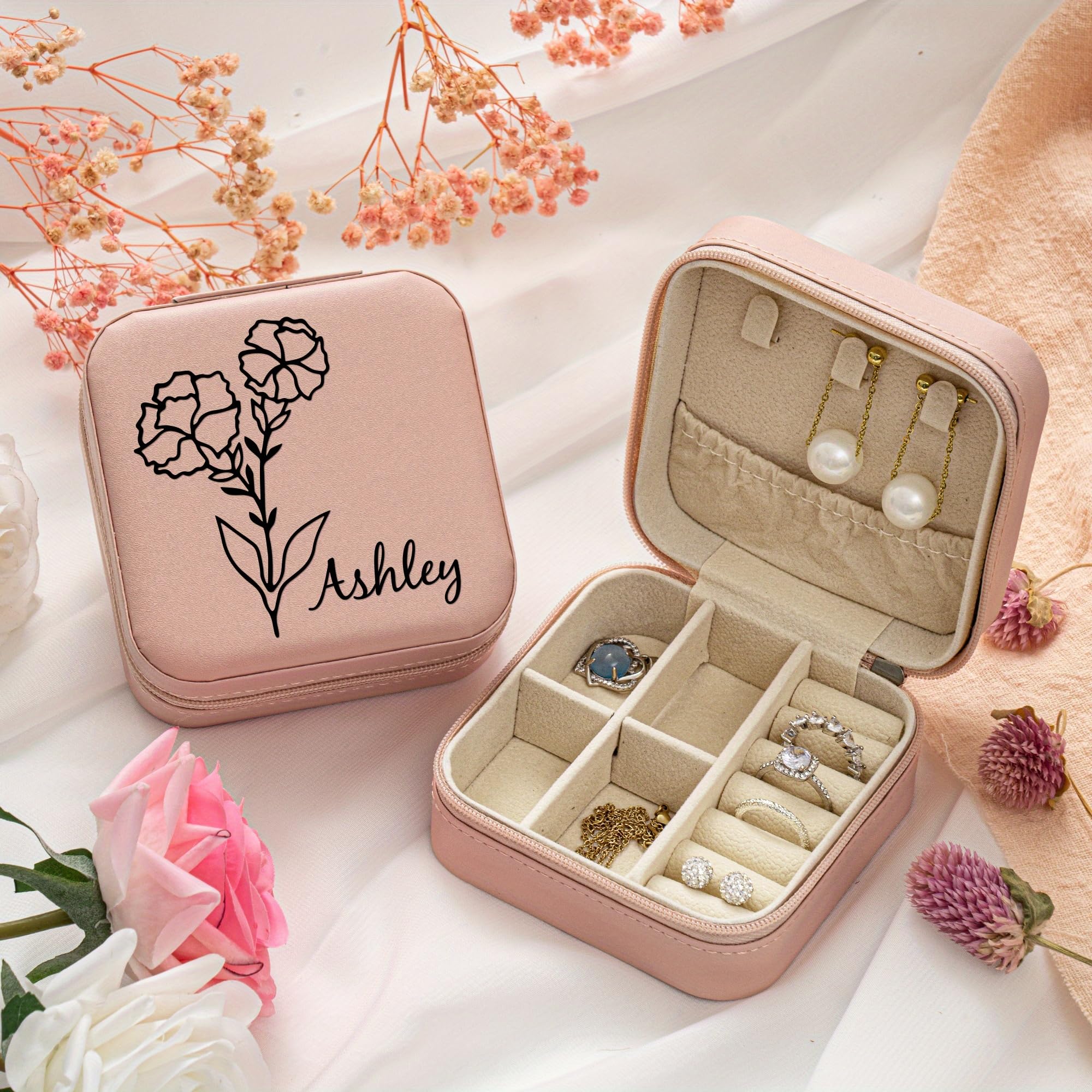 Custom Birthday Flower Jewelry Storage Box, Birth Month Flower Gift Box, Birthday Gift For Women, Leather Jewelry Storage Box Display Box