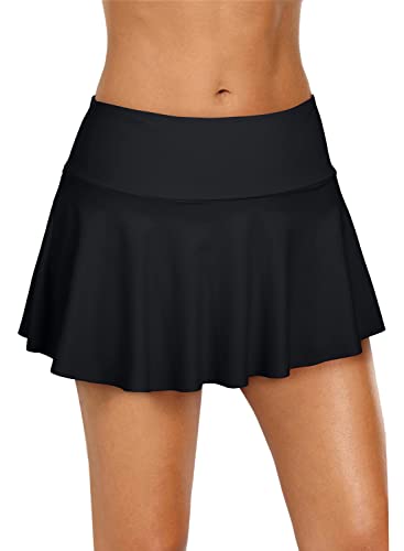 REKITA Womens Solid Ruched Swim Skirt Build-in Brief Swimsuits Tummy Control Skort Bikini Bottom