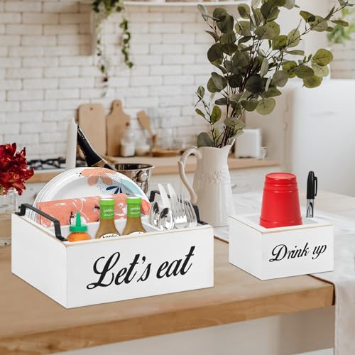 Paper Plate Holders for Kitchen Countertop, Wooden Utensil Caddy with Large Cup Holder, Disposable Paper Plate Organizer Silverware Caddy for Plate, Cup, Fork, Spoon, Napkin, Condiment (Set of 2)