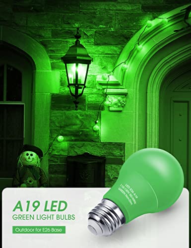 Woxeon 4 Pack A19 Green LED Light Bulbs, 9W Equivalent, Outdoor, Party, Christmas, Halloween, Home, Holiday Lighting