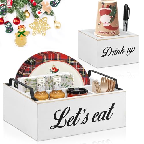 Paper Plate Holders for Kitchen Countertop, Wooden Utensil Caddy with Large Cup Holder, Disposable Paper Plate Organizer Silverware Caddy for Plate, Cup, Fork, Spoon, Napkin, Condiment (Set of 2)