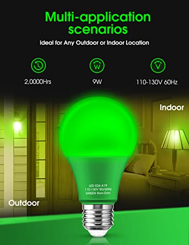 Woxeon 4 Pack A19 Green LED Light Bulbs, 9W Equivalent, Outdoor, Party, Christmas, Halloween, Home, Holiday Lighting