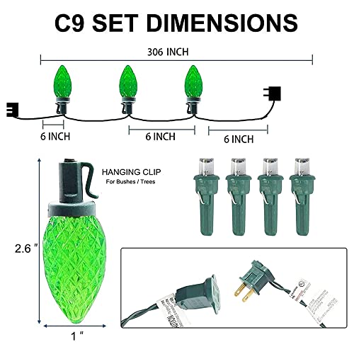 FUNPENY 50 LED Green Christmas C9 Lights Outdoor, 24.5 FT Extendable Waterproof Fairy String Light Green Wire for Xmas St. Patrick's Day Indoor Patio Tree Party Holiday Wedding House Decorations