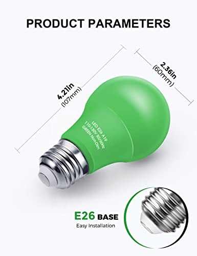 Woxeon 4 Pack A19 Green LED Light Bulbs, 9W Equivalent, Outdoor, Party, Christmas, Halloween, Home, Holiday Lighting