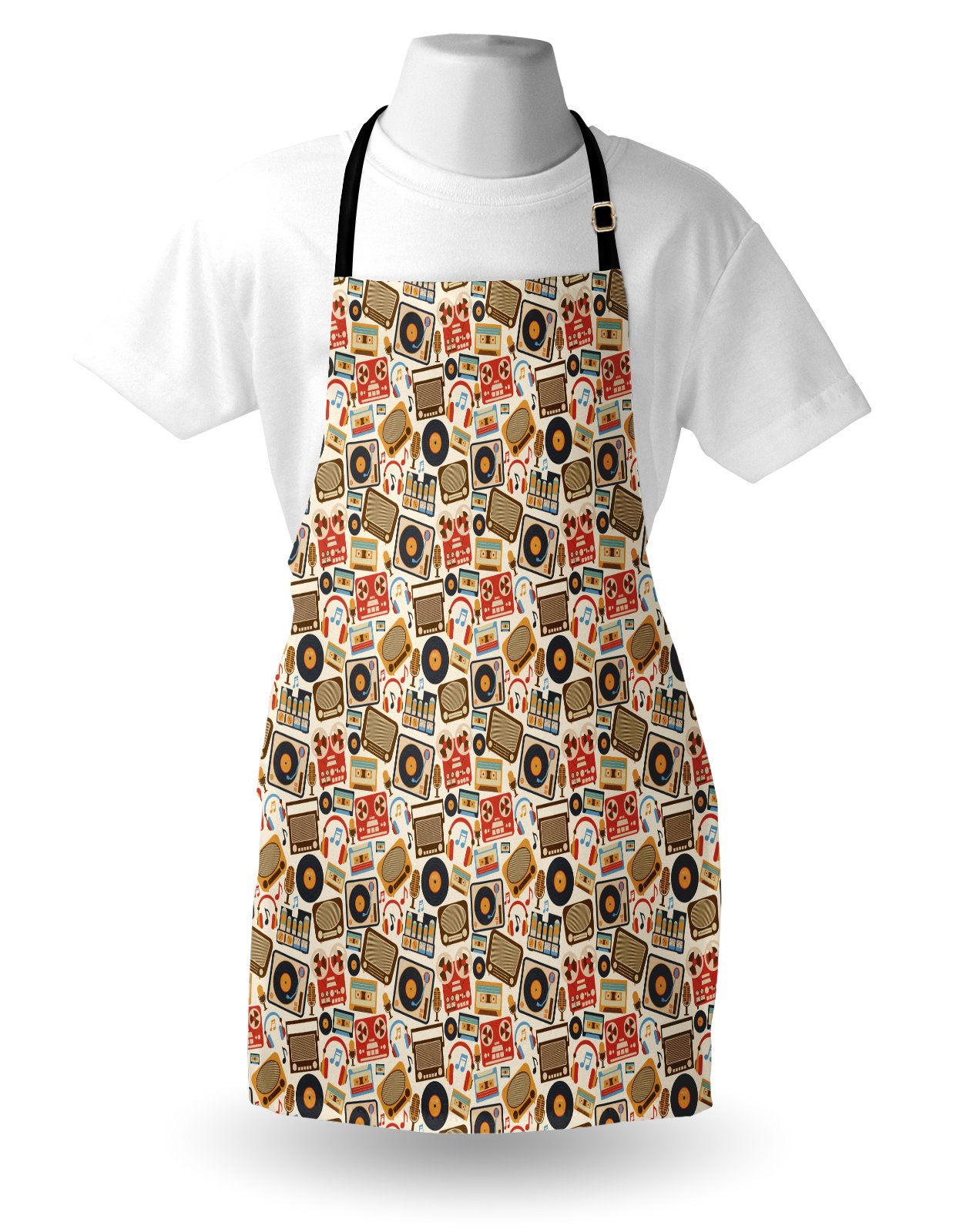 Lunarable Vintage Apron, Retro 60s 70s Radios Sets Music Bass Notes Antique Cartoon Image, Unisex Kitchen Bib Apron with Adjustable Neck for Cooking Baking Gardening, Cream Taupe Tan Dark Orange