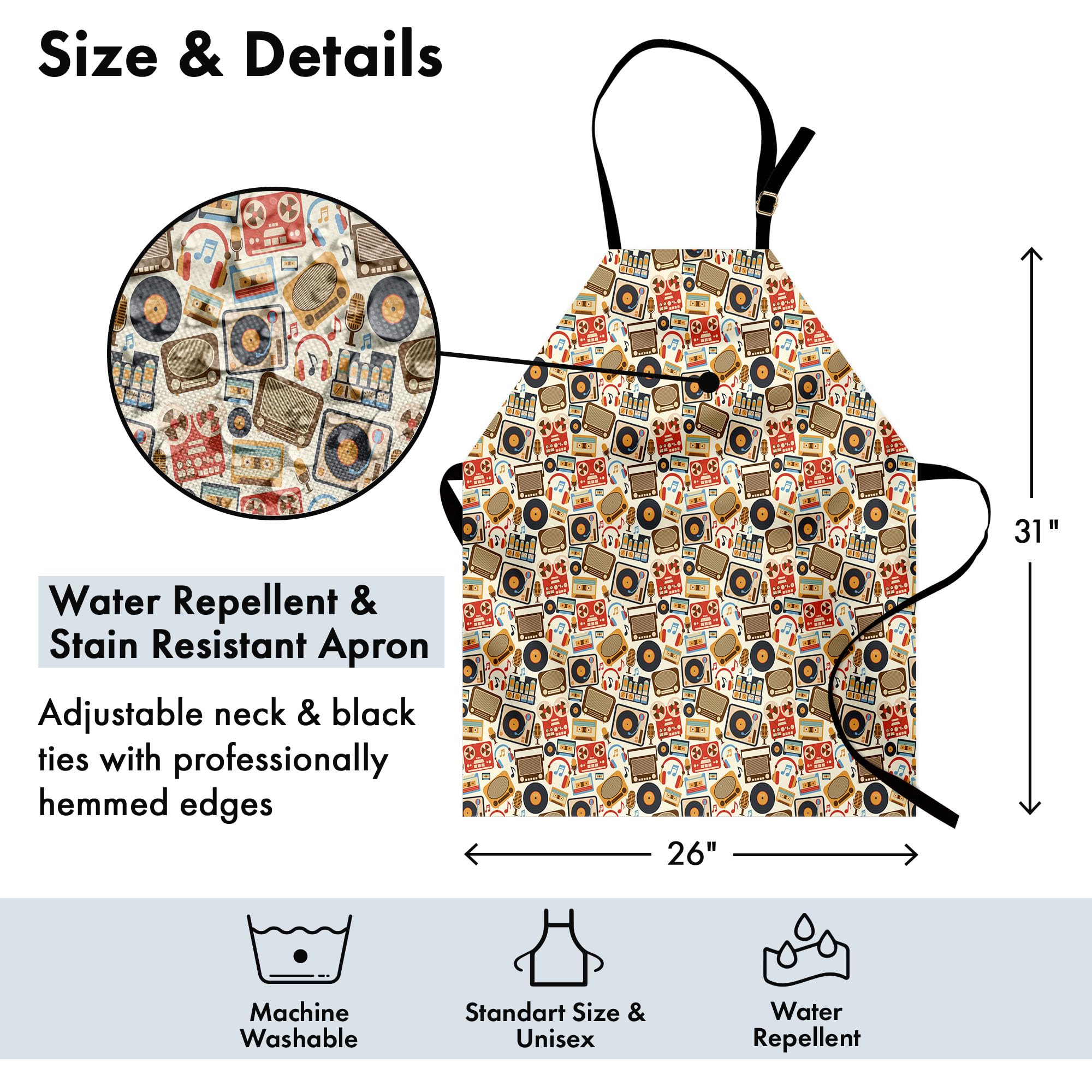 Lunarable Vintage Apron, Retro 60s 70s Radios Sets Music Bass Notes Antique Cartoon Image, Unisex Kitchen Bib Apron with Adjustable Neck for Cooking Baking Gardening, Cream Taupe Tan Dark Orange