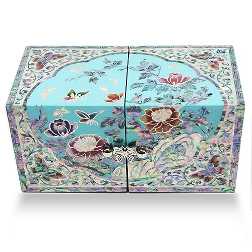 SoSHESHINES Mother of Pearl Small Jewelry Box - Premium Packaging for Gifts for Women, Thank you Gifts, Mom birthday Gifts, Korean Traditional Sea Shell Premium Handmade (SECRET_Aqua Blue)