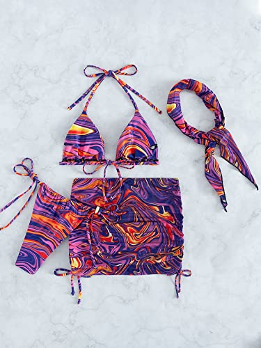 SOLY HUX Women's 4 Piece Swimsuits Triangle Bikini Bathing Suits with Mesh Beach Skirt & Bandana Bikini Sets