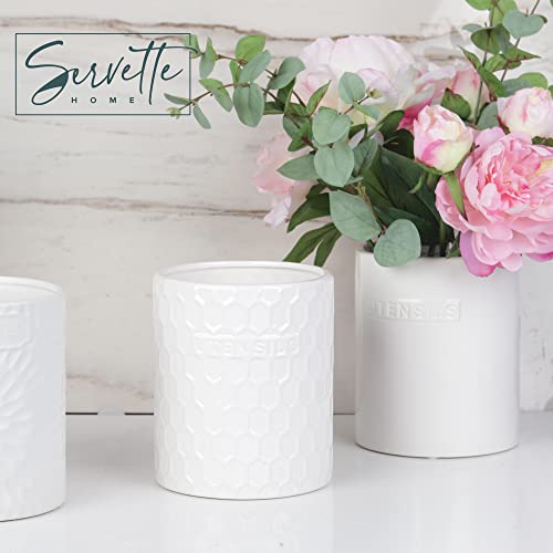 Servette Home Ceramic Utensil Holder for Kitchen Counter – Hexagon Patterened Utensil Crock
