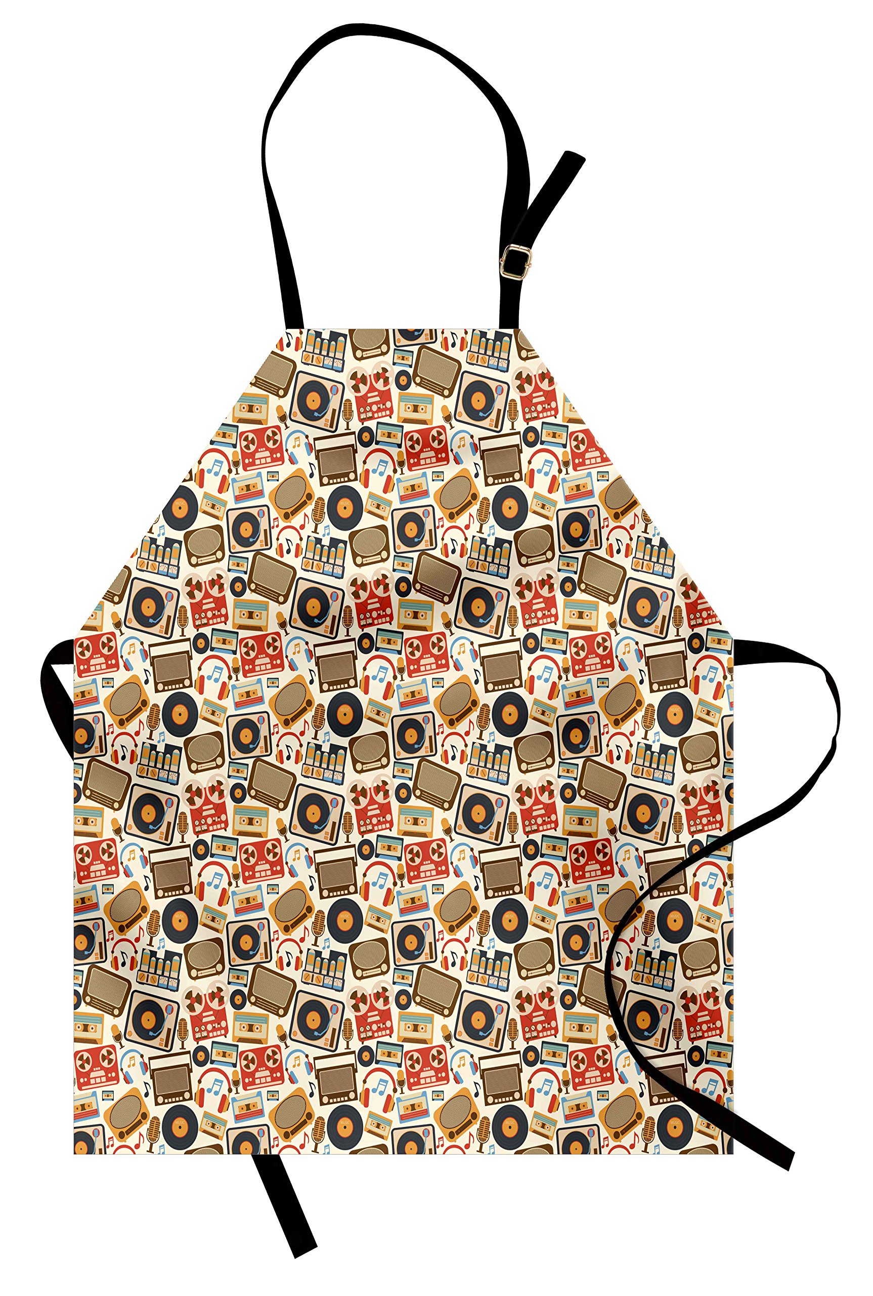 Lunarable Vintage Apron, Retro 60s 70s Radios Sets Music Bass Notes Antique Cartoon Image, Unisex Kitchen Bib Apron with Adjustable Neck for Cooking Baking Gardening, Cream Taupe Tan Dark Orange