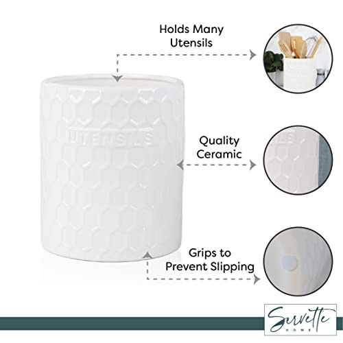 Servette Home Ceramic Utensil Holder for Kitchen Counter – Hexagon Patterened Utensil Crock