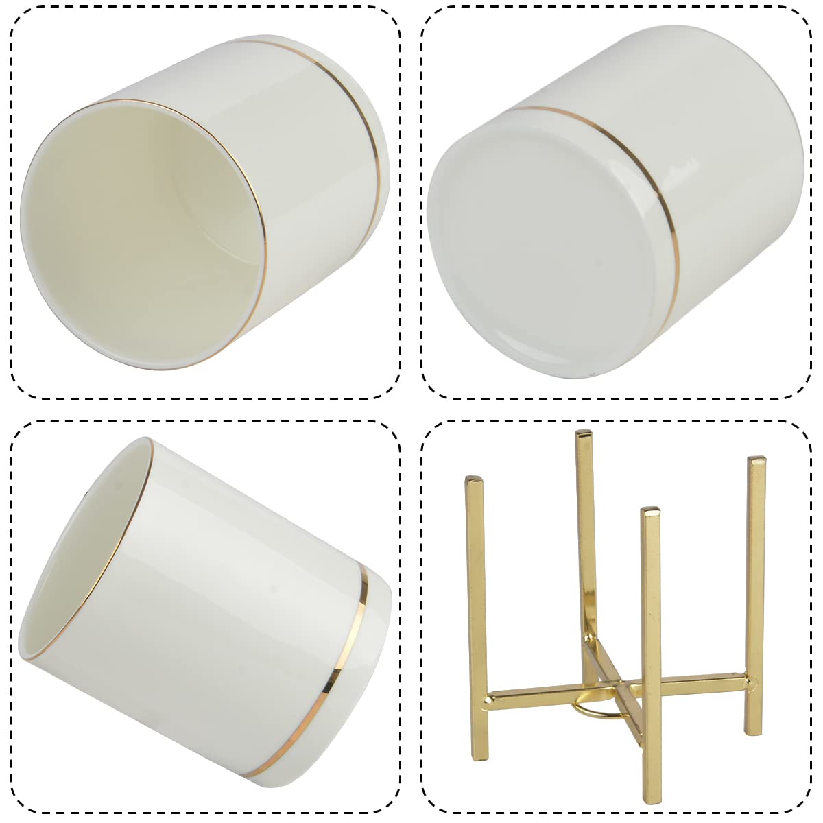 MONOSUGO Small Utensil Holder for Kitchen Countertop, Flatware Organizer for Dining Table, SAMAZAMA Ceramic Utensil Caddy Crock with Gold Trim, Kitchen Decor, Set of 2