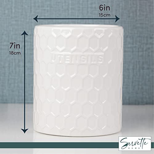 Servette Home Ceramic Utensil Holder for Kitchen Counter – Hexagon Patterened Utensil Crock
