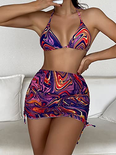 SOLY HUX Women's 4 Piece Swimsuits Triangle Bikini Bathing Suits with Mesh Beach Skirt & Bandana Bikini Sets