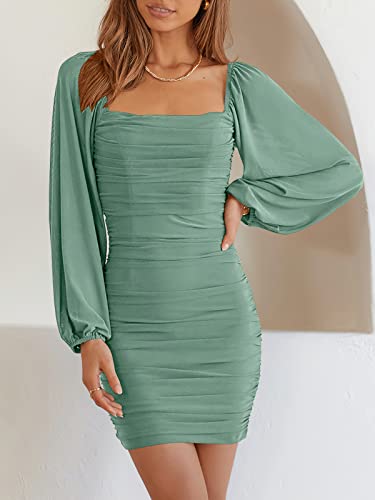 ANRABESS Women Long Sleeve Square Neck Mesh Ruched Bodycon Mini Dress Party Club Cocktail Formal Wedding Guest Short Dresses Light Green Medium