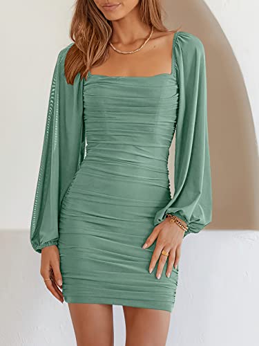 ANRABESS Women Long Sleeve Square Neck Mesh Ruched Bodycon Mini Dress Party Club Cocktail Formal Wedding Guest Short Dresses Light Green Medium