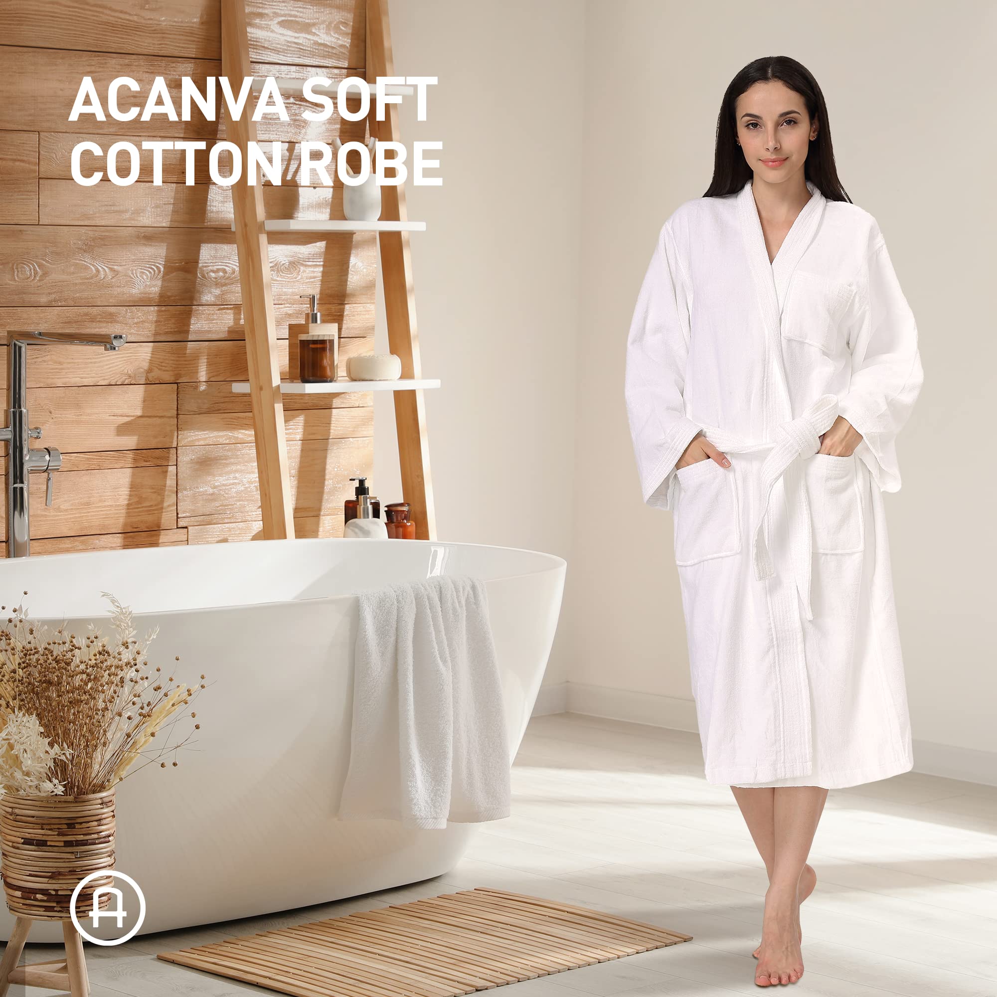 Acanva 100% Cotton Women Bathrobe Plush Soft Towel Robe with Waist Front Tie and Side Pockets for Spa Shower & Hotel, White
