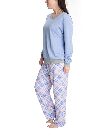 Hanes Women's Holiday Hibernation Longsleeve Top and Pajama Bottom French Terry Sleep and Lounge Set, Blue/Sugar Plaid, Large